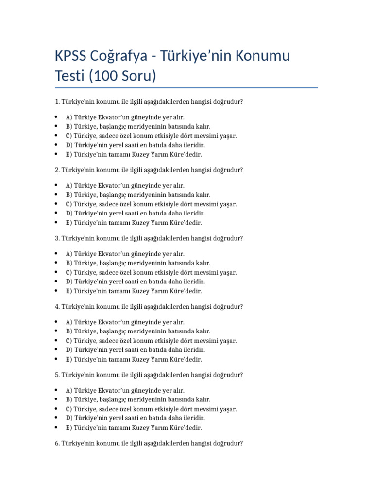 KPSS Cografya Turkiye Konumu 100 Soru | PDF