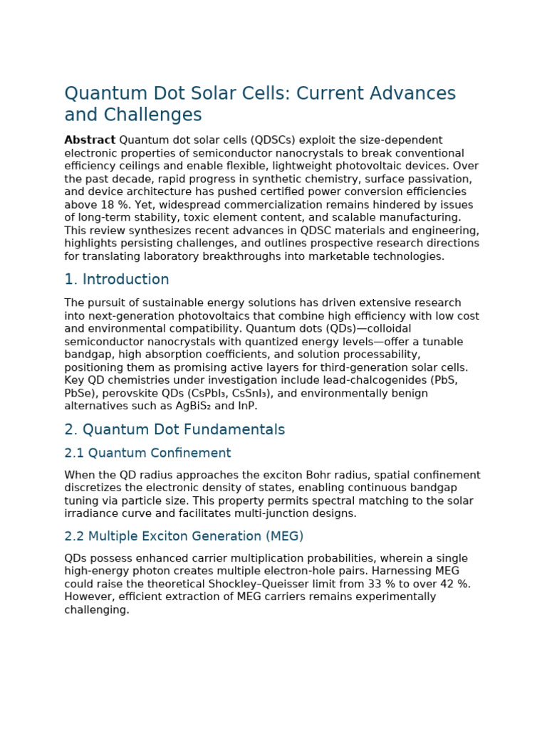 Quantum Dot Solar Cells: Advances & Challenges | PDF | Solar Cell ...