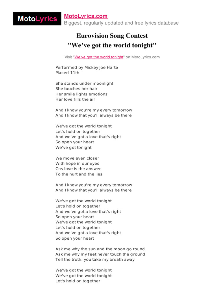 We've Got the World Tonight Lyrics | PDF