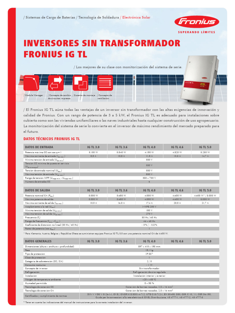 Inversores Fronius IG TL: Especificaciones y Rendimiento | PDF ...