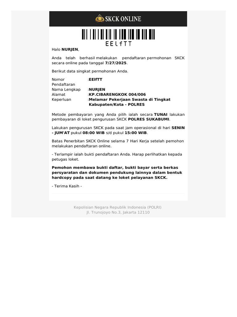 Contoh pengambilan SKCK online | PDF