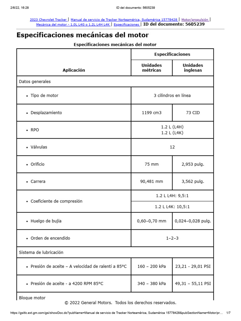 Especificaciones del motor Tracker 1.2 Turbo | PDF | Ingeniería ...