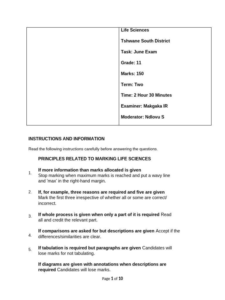Grade 11 LS June Exam Memo | PDF | Malaria | Plant Stem