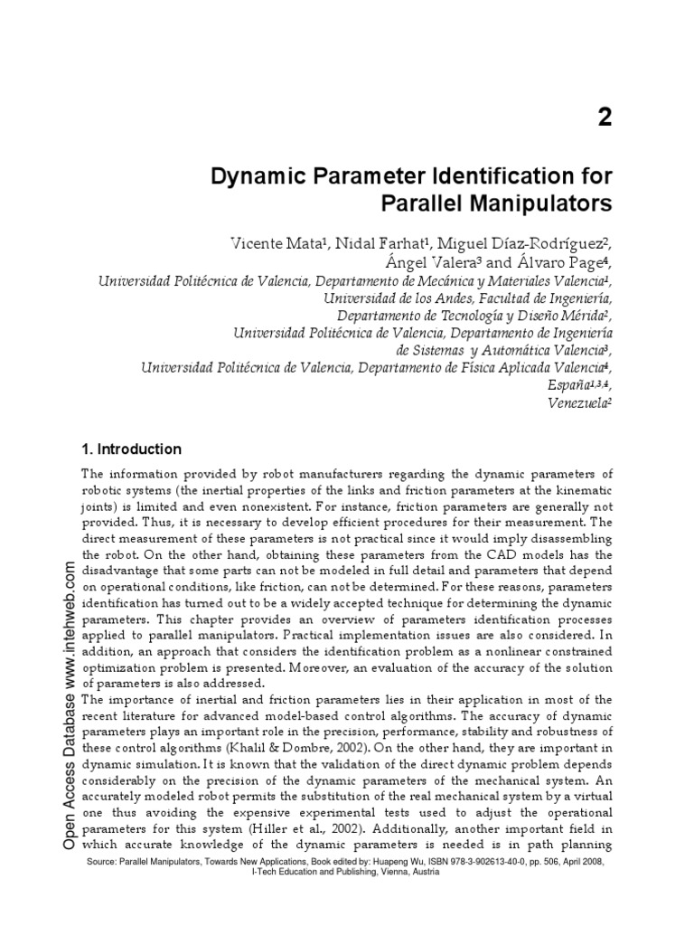 Dynamic Parameter Identification For Parallel Manipulators Pdf Mathematical Optimization