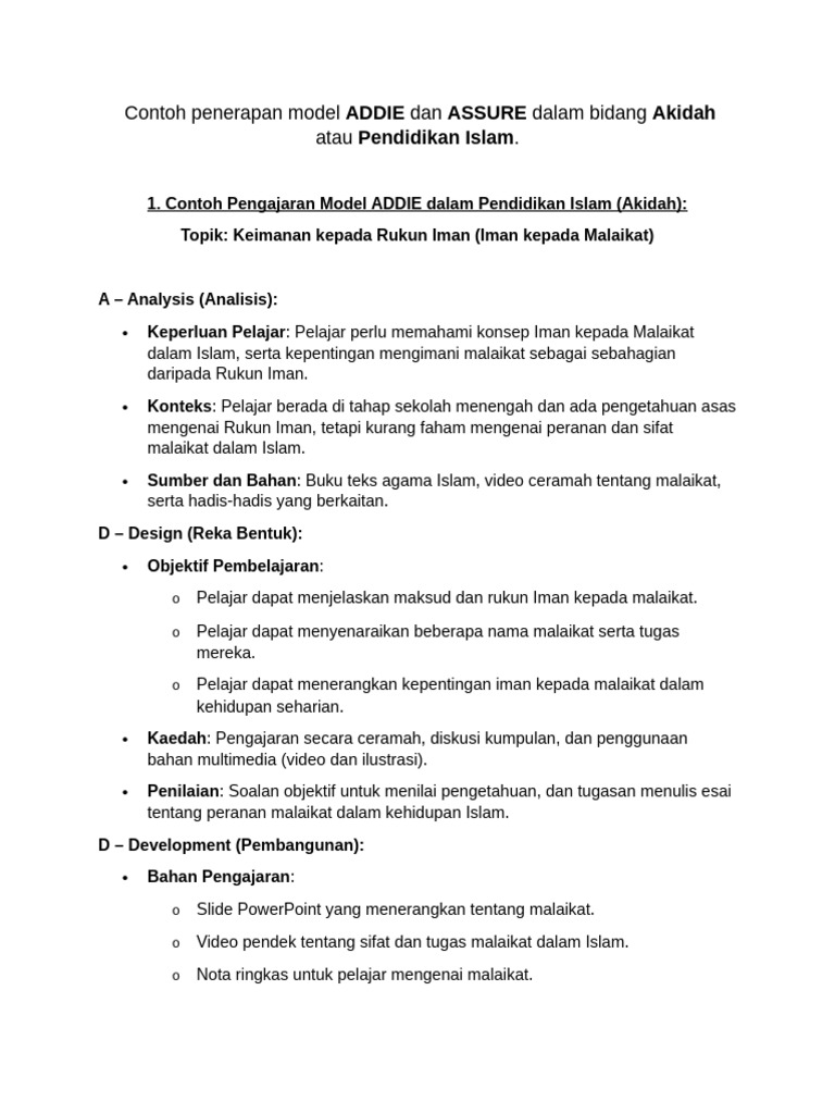 Contoh Penerapan Model ADDIE Dan ASSURE Dalam Bidang Akidah Atau Pendidikan Islam | PDF