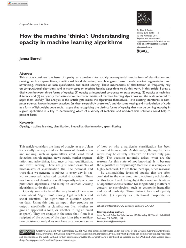 Burrell, Jenna - How The Machine 'Thinks' Understanding Opacity in Machine Learning Algorithms ...