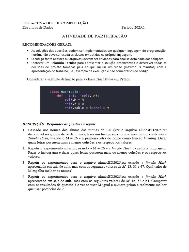 Atividade de HashTable em Python 2025.1 | PDF