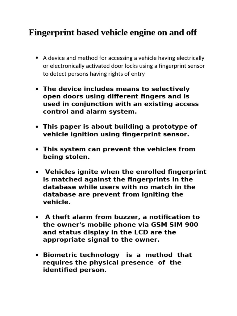 Fingerprint Vehicle Ignition System | PDF