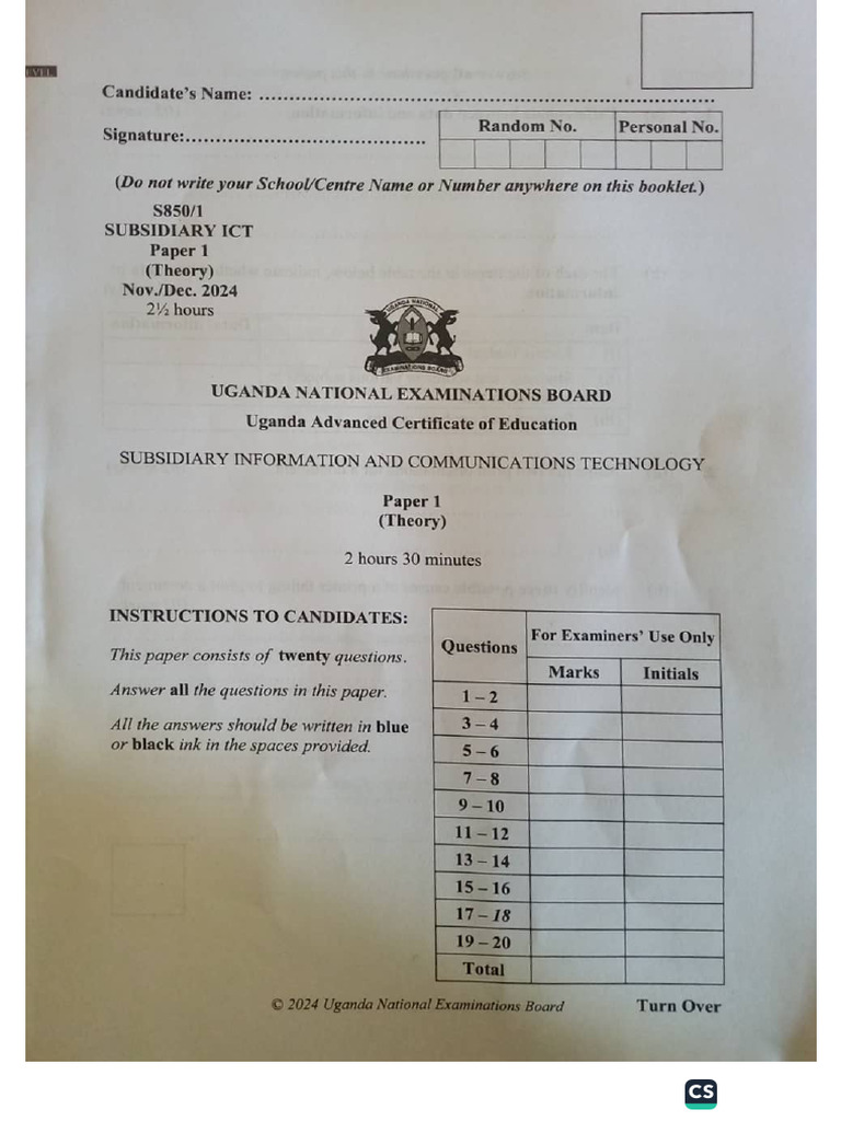 Ict Uneb Past Paper Uce Theory Sample Questions | PDF