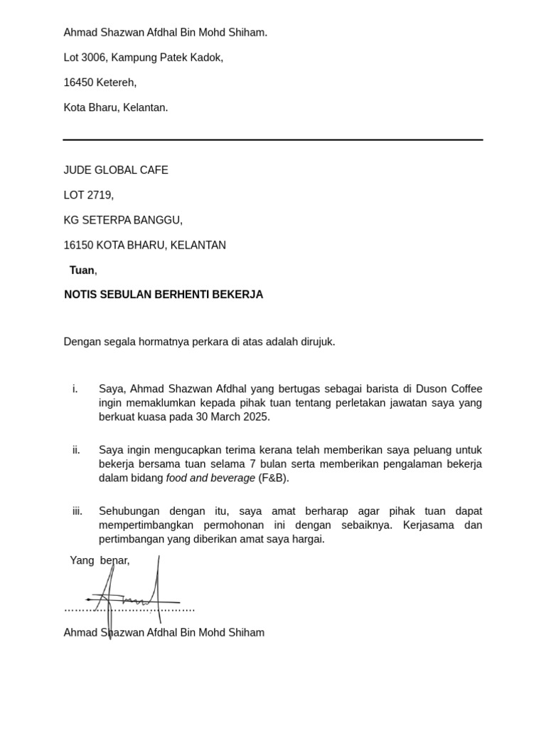 Surat Perletakan Jawatan Ahmad Shazwan Afdhal | PDF