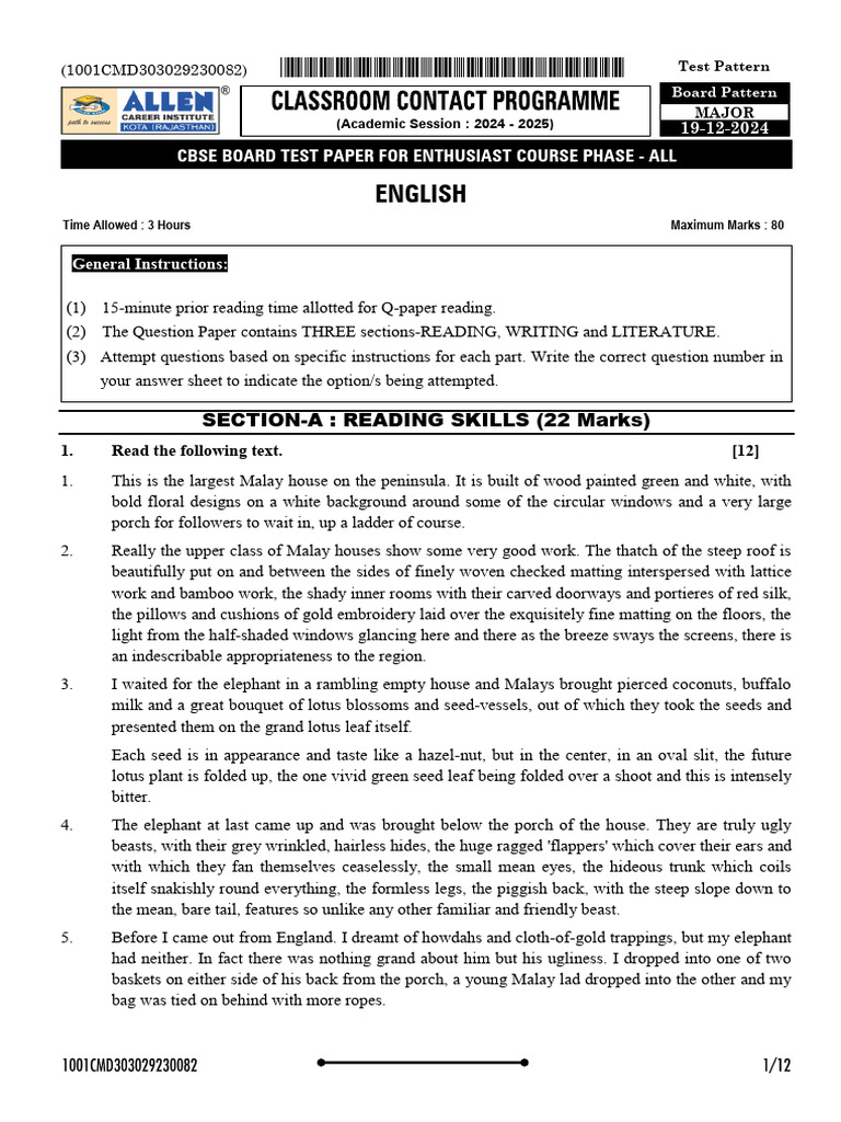 English: Cbse Board Test Paper For ALL | PDF
