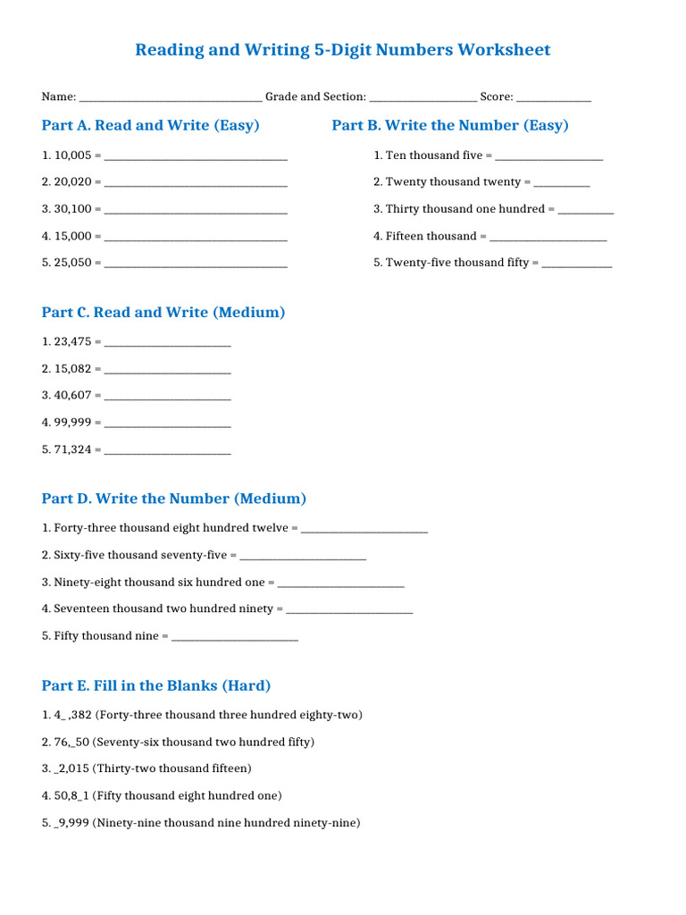 5-Digit Numbers Reading Worksheet | PDF