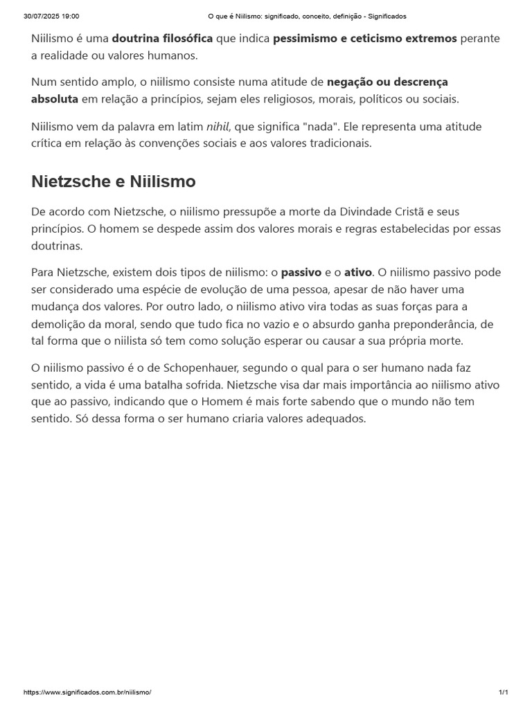 O que é Niilismo: Definição e Conceitos | PDF
