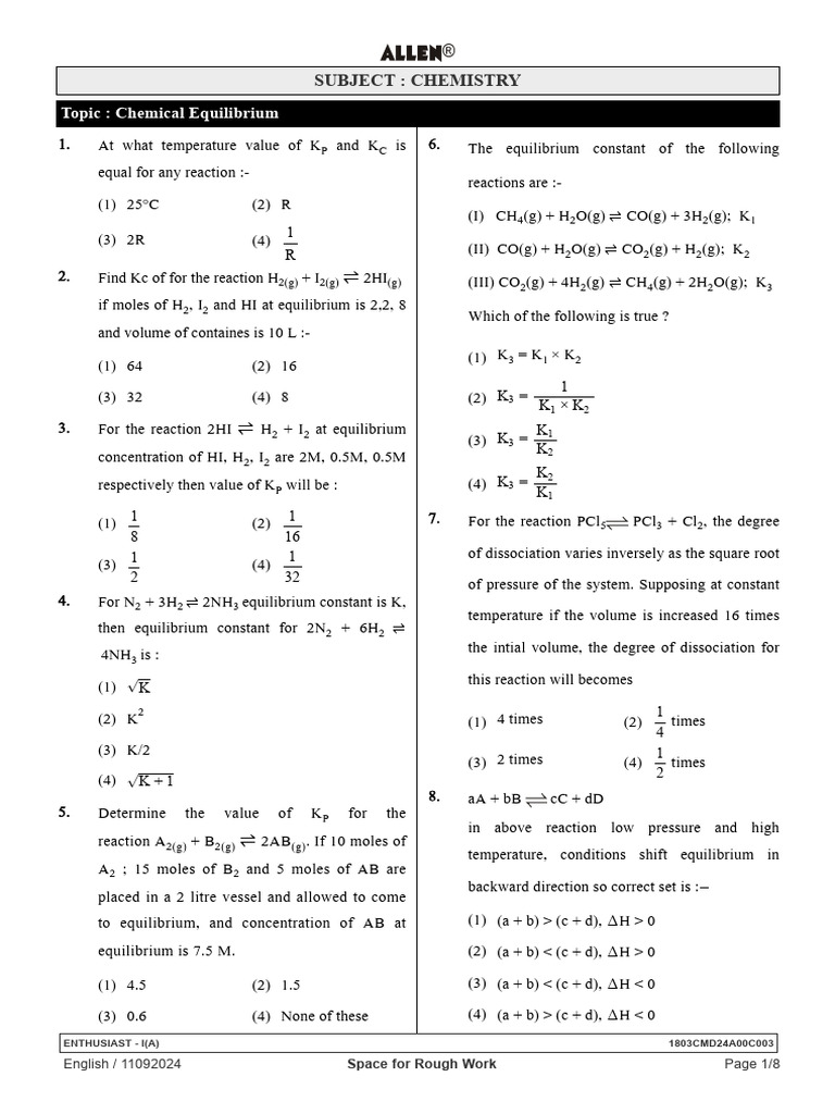 Subject: Chemistry: Topic: Chemical Equilibrium | PDF | Chemical ...
