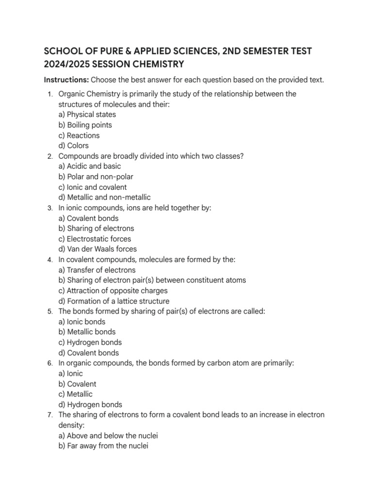 Organic Chemistry Exam Questions | PDF | Chemical Bond | Ionic Bonding