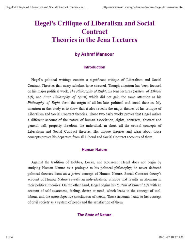 Hegel's Critique of Liberalism and Social Contract Theories | PDF ...