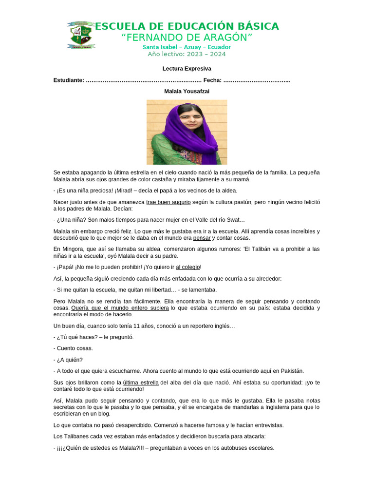 Malala Yousafzai: Valor y Educación | PDF | Malala Yousafzai