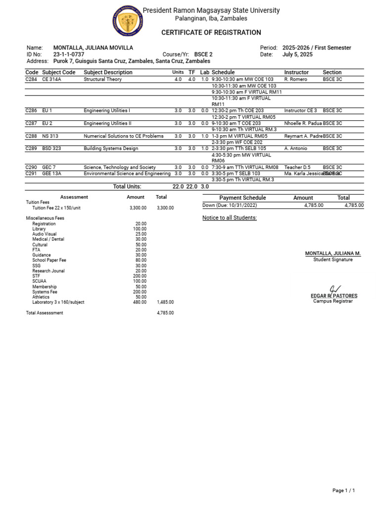 Certificate of Registration: Name: Period: ID No: Course/Yr: Date ...