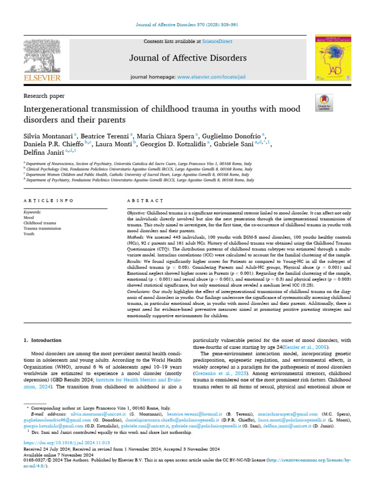 Intergenerational Transmission of Childhood Trauma in Youths With Mood ...