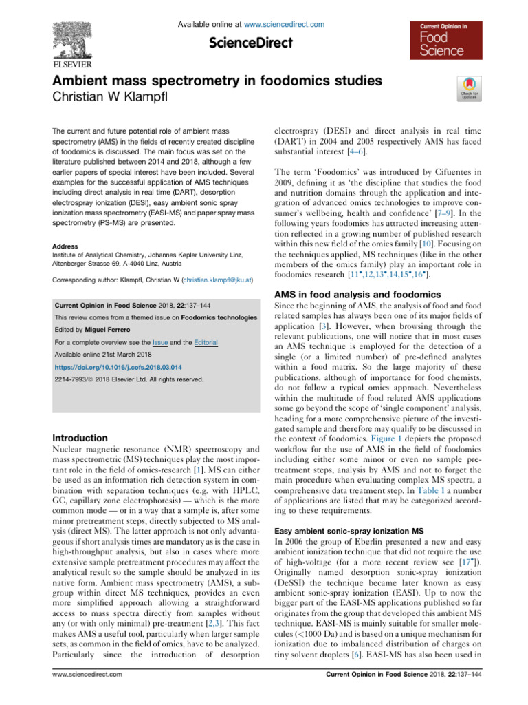 Ambient Mass Spectrometry in Foodomics Studies | PDF | Mass ...