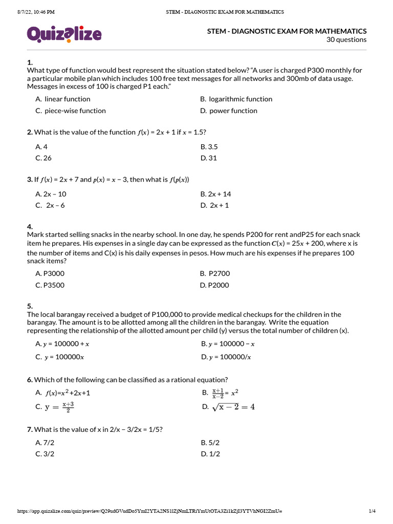 STEM Mathematics Diagnostic Exam | PDF | Bonds (Finance) | Interest