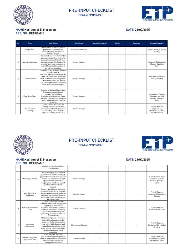 Maranion Pre-Input Checklist | PDF | Project Management | Safety