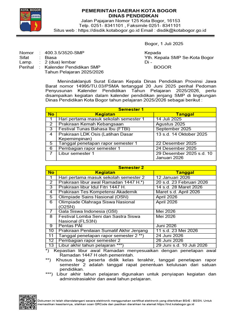 REV - Kalender Pendidikan SMP Tahun Pelajaran 2025-2026 | PDF