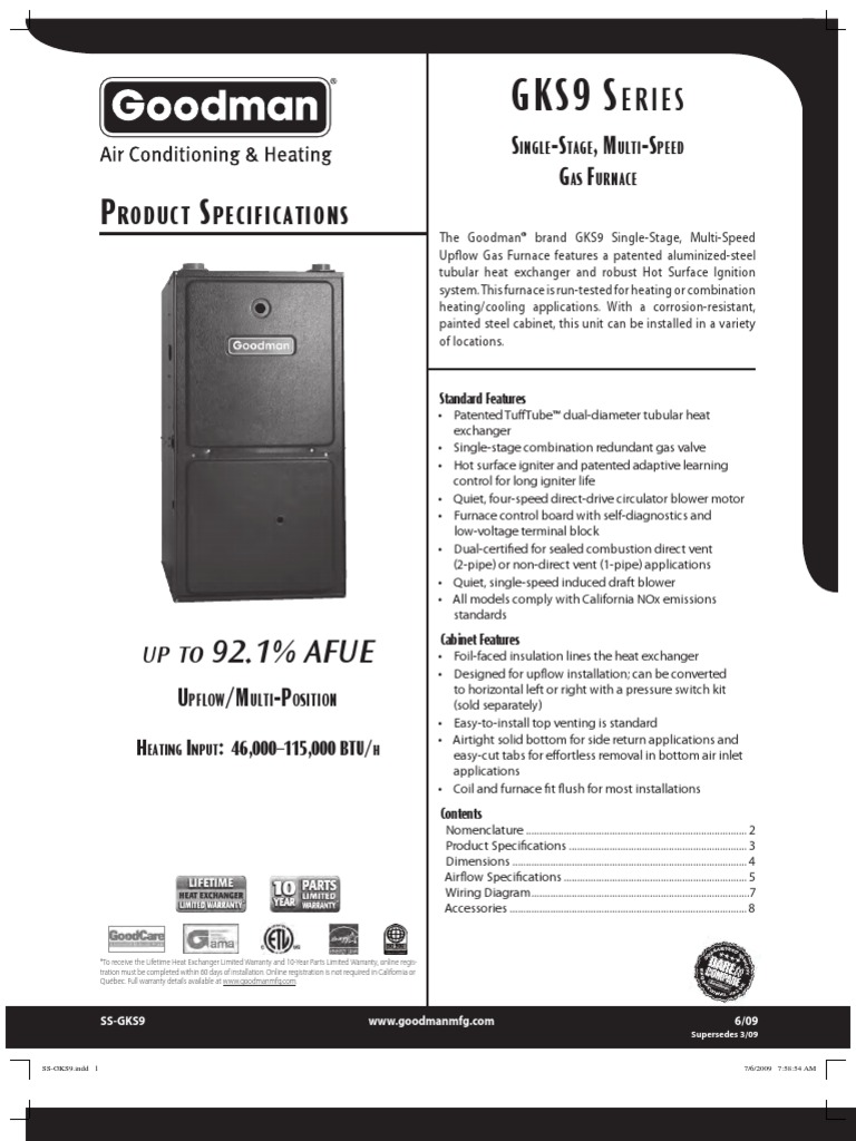 Goodman GKS9 Spec Sheet 6.09 | PDF | Furnace | Switch