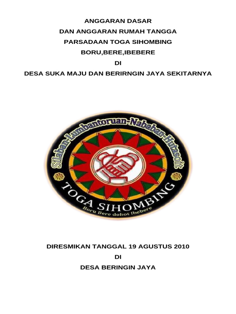 Anggaran Dasar Parsadaan Toga Sihombing | PDF