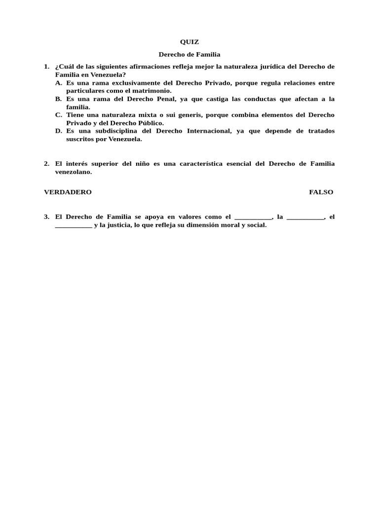 Quiz sobre Derecho de Familia en Venezuela | PDF
