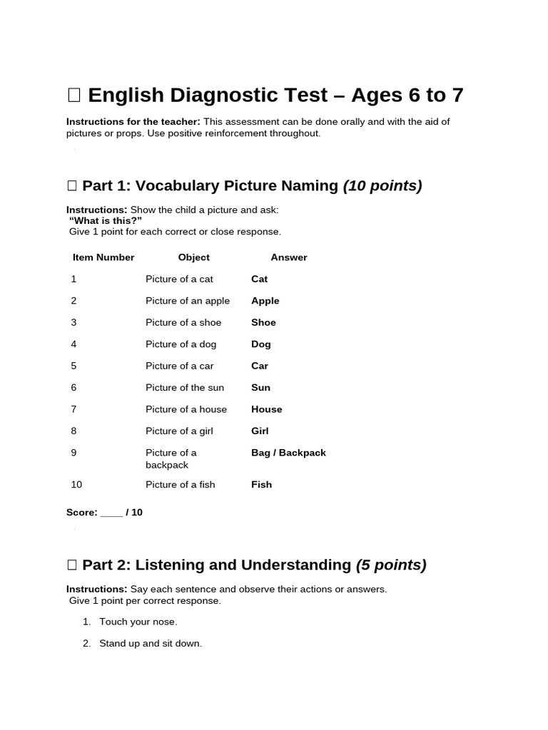 Grade 1 English Diagnostic Test | PDF