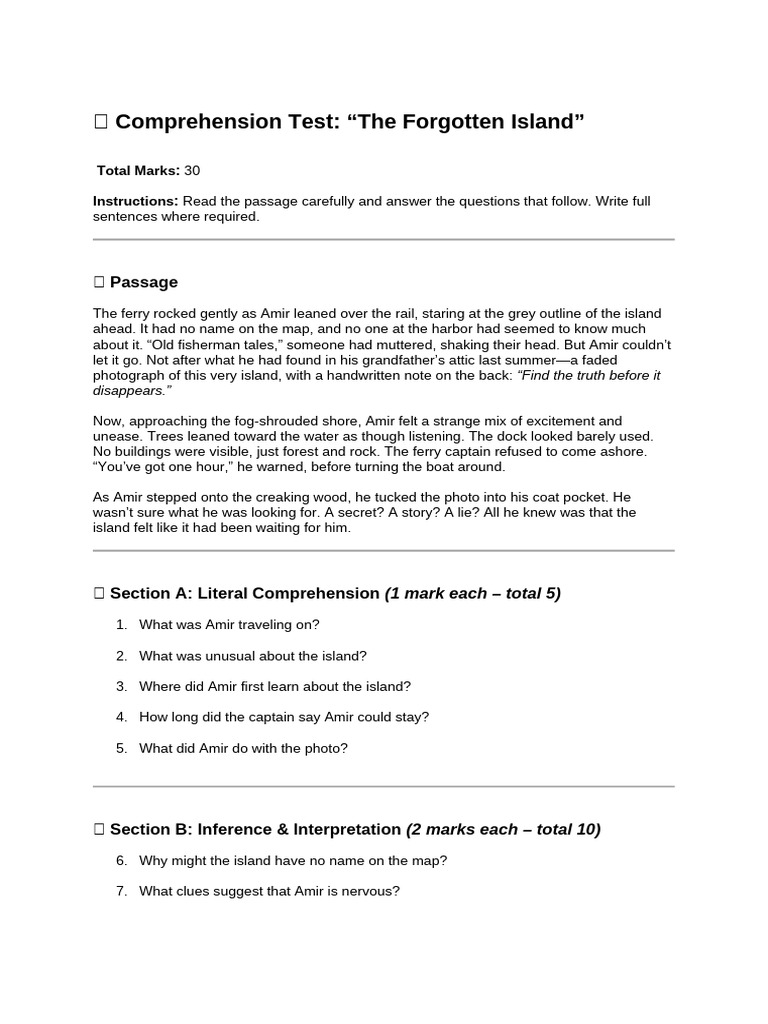 ? Comprehension Test - "The Forgotten Island" | PDF