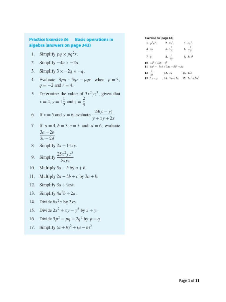 (Basic Algebra) Practice Questions | PDF
