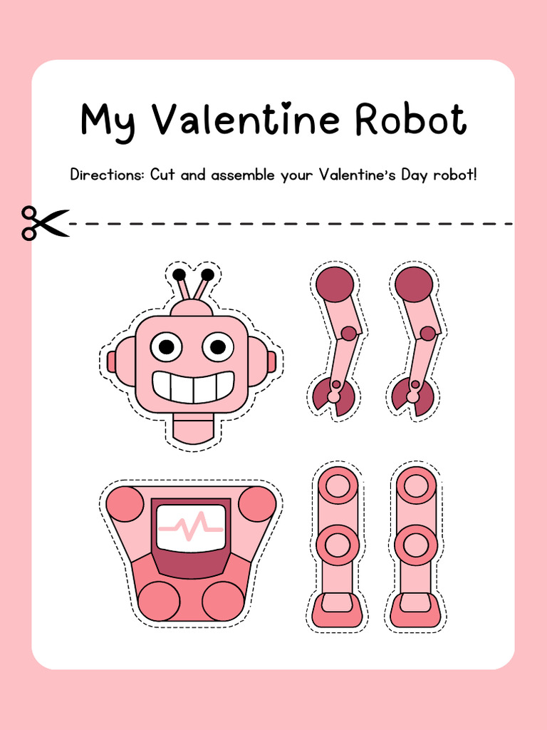 Valentine's Day Robot Craft Printable in Pink Illustrative Style | PDF