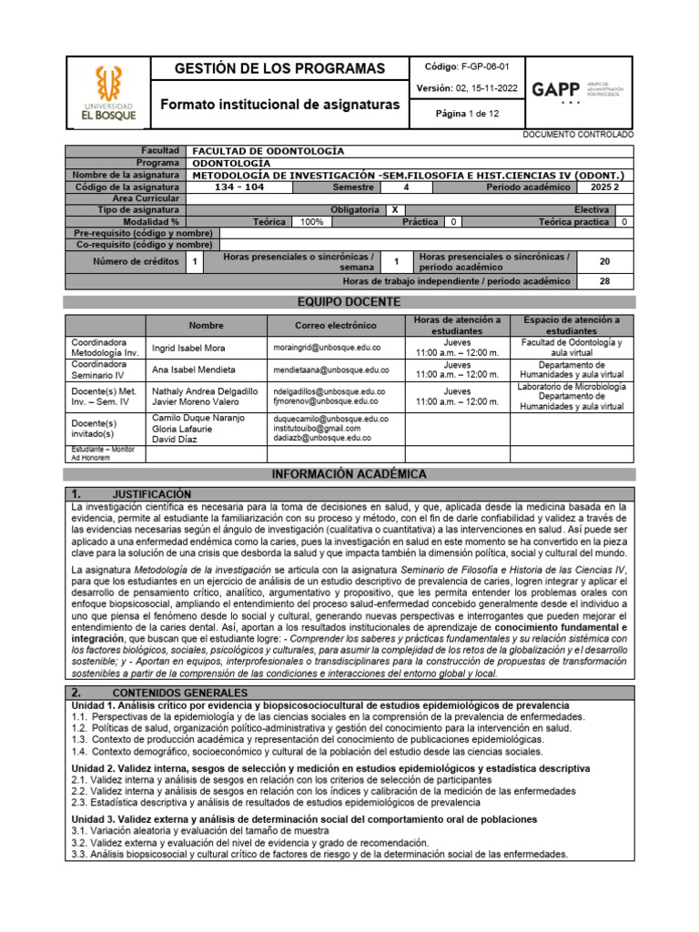Gestión de Los Programas Formato Institucional de Asignaturas | PDF | Estadísticas | Validez ...