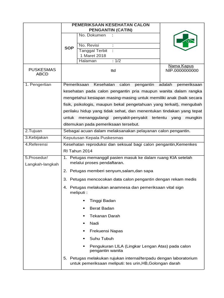SOP Pemeriksaan Kesehatan Catin | PDF