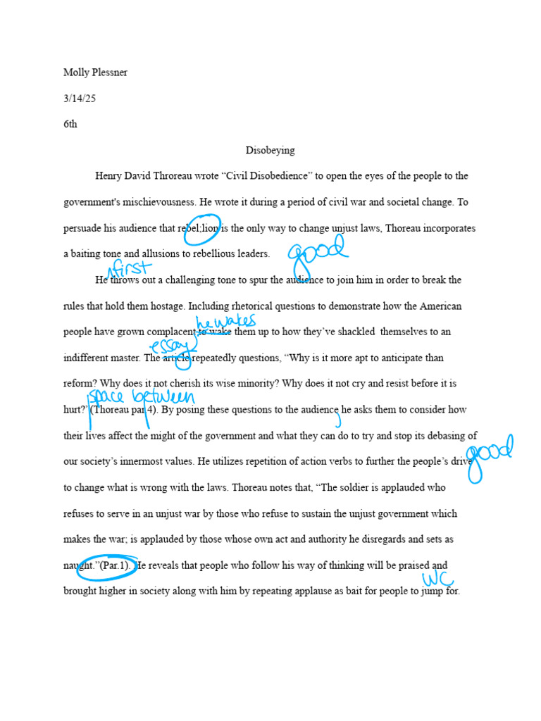 Rhetorical Analysis of Thoreau's Disobedience | PDF | Henry David ...
