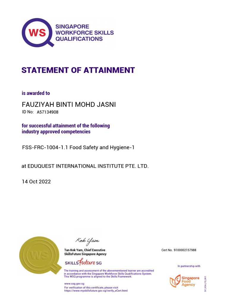 Food Safety and Hygiene Certificate | PDF
