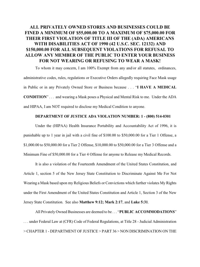 ADA Mask Exemption Rights Explained | PDF | Americans With Disabilities ...