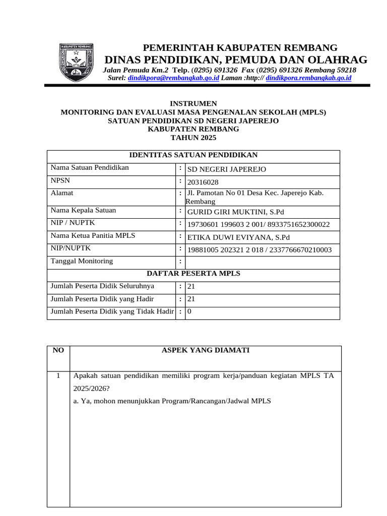 Instrumen Monev Mpls SDN Japerejo | PDF