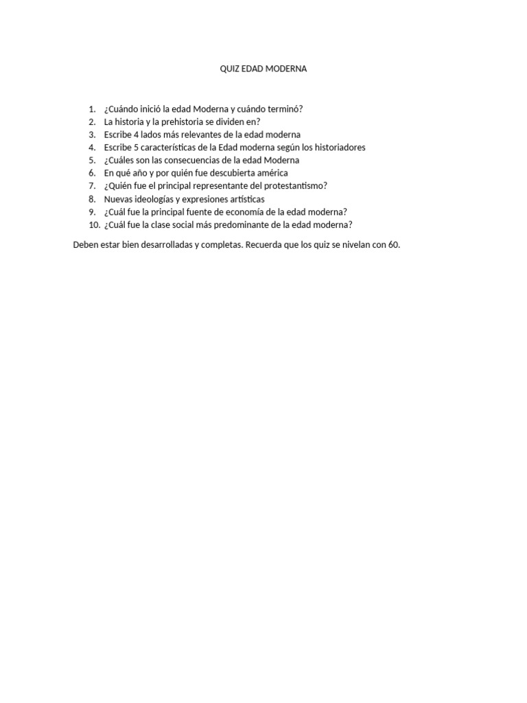 Quiz sobre la Edad Moderna: Preguntas Clave | PDF