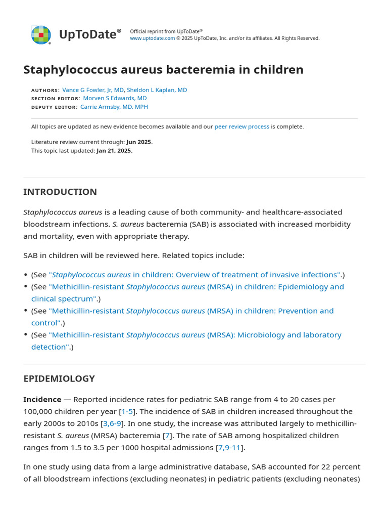 Staphylococcus Aureus Bacteremia in Children - UpToDate | PDF | Methicillin Resistant ...