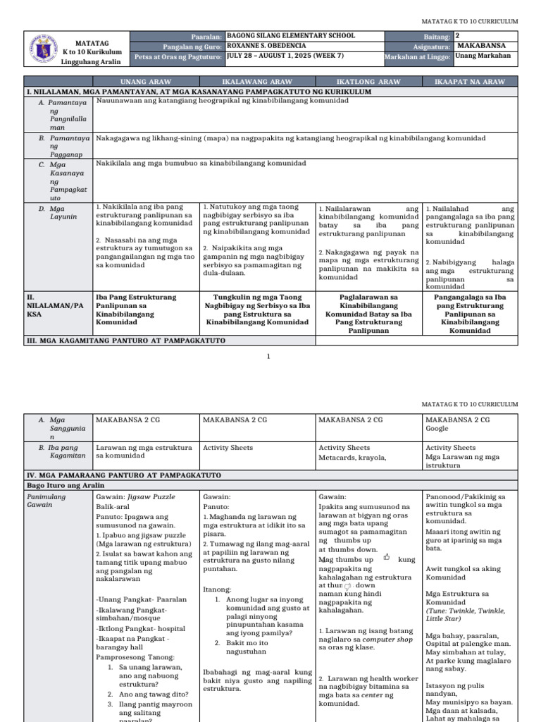 DLL Matatag - Makabansa 2 - Q1 - W7 | PDF