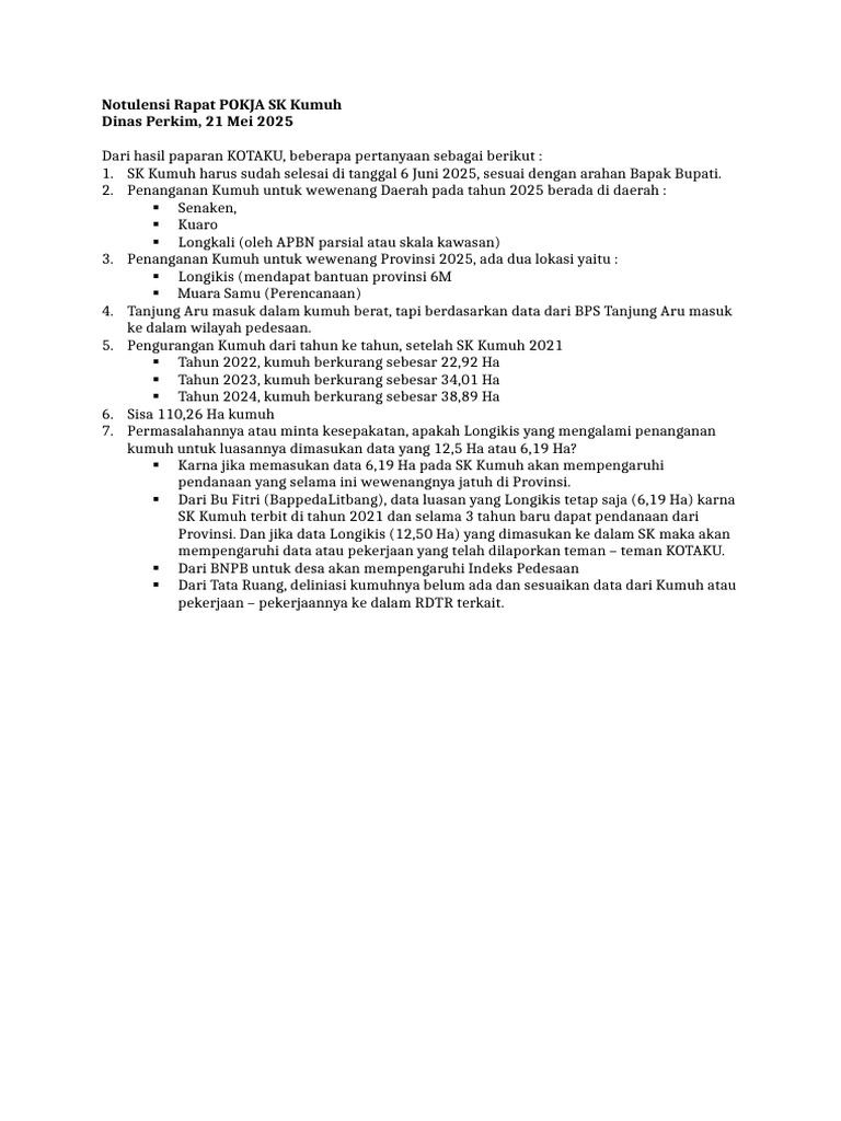 Notulensi Rapat POKJA SK Kumuh | PDF