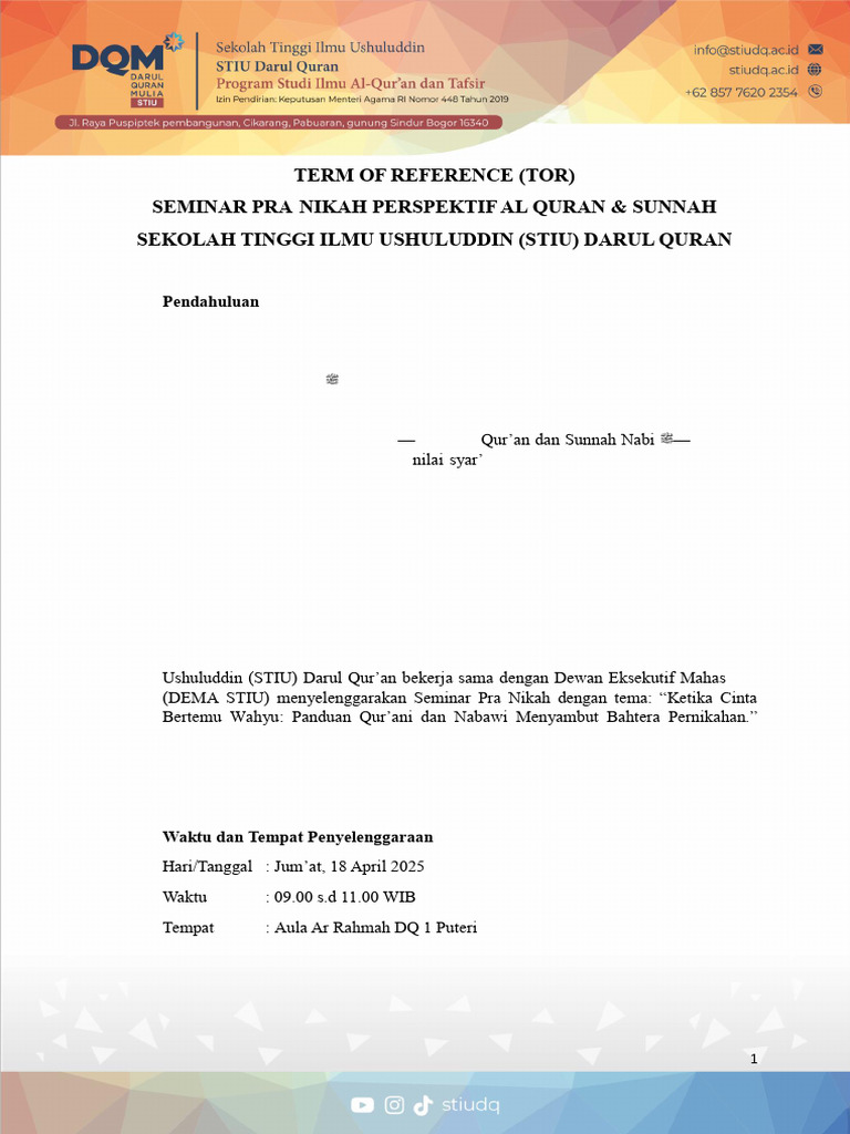 Contoh TOR Seminar Pranikah STIU 2025 | PDF