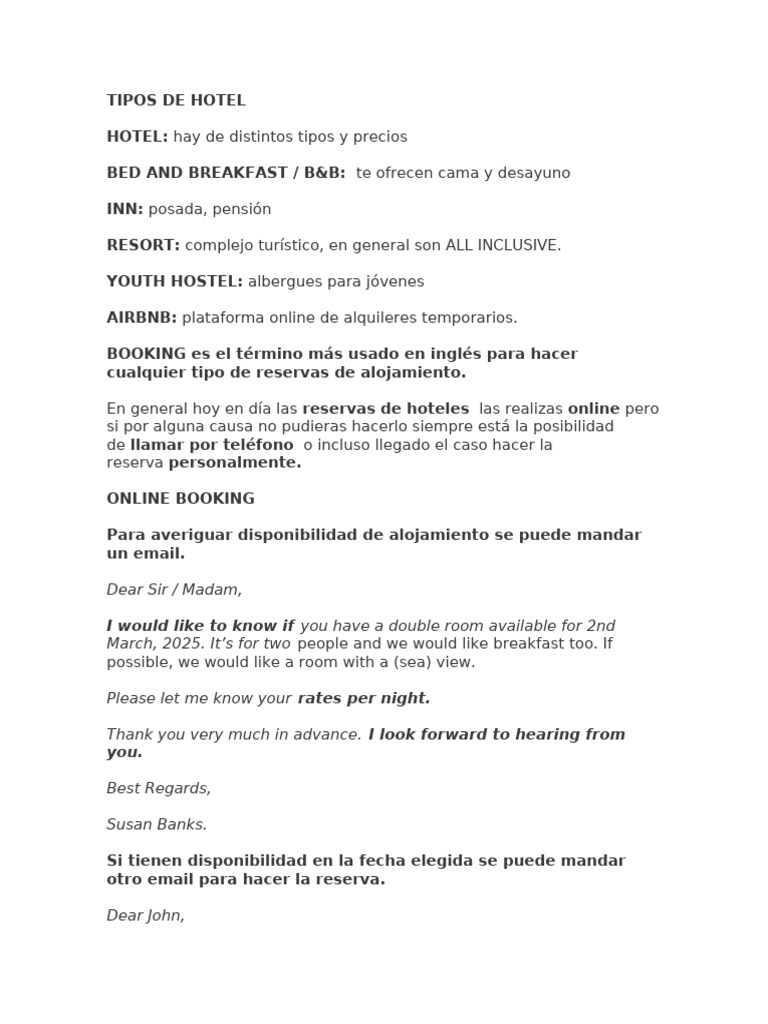 Tipos de Alojamiento y Reservas en Inglés | PDF