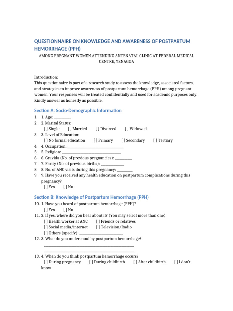 PPH Questionnaire FMC Yenagoa 2 | PDF | Women's Health | Public Health