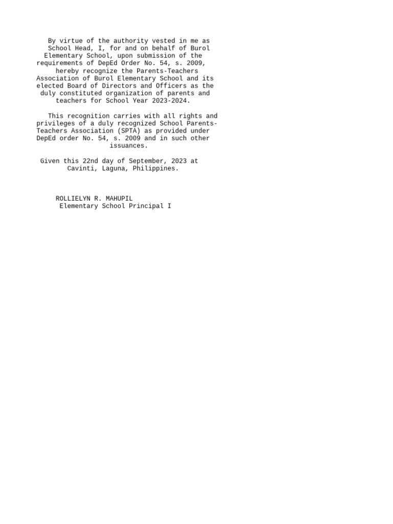 Recognition of Burol PTA 2023-2024 | PDF