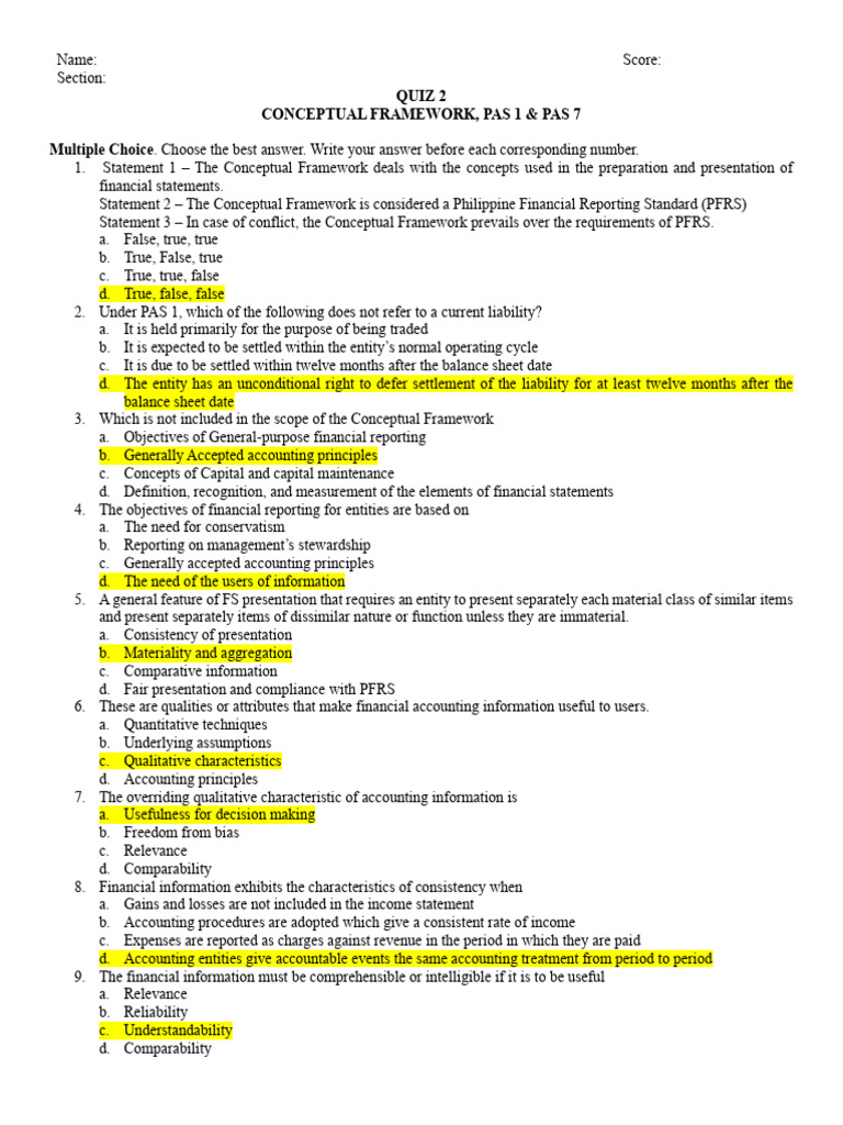 Quiz 2 CFAS Conceptual Framework PAS 1 PAS 7 Answer Key | PDF | Income Statement | Balance Sheet