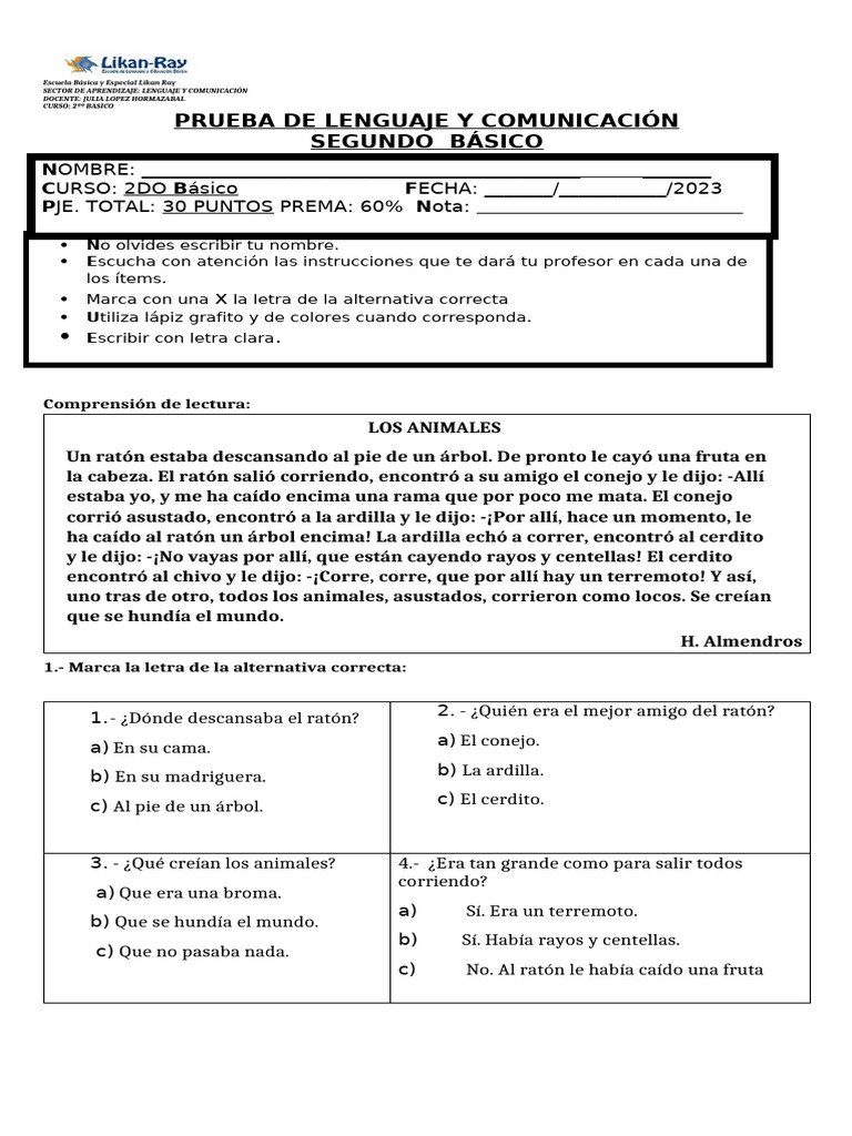 Prueba Segundo Basico | PDF